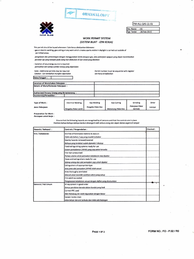 Fm-All-Hse-21-01 Work Permit System | PDF