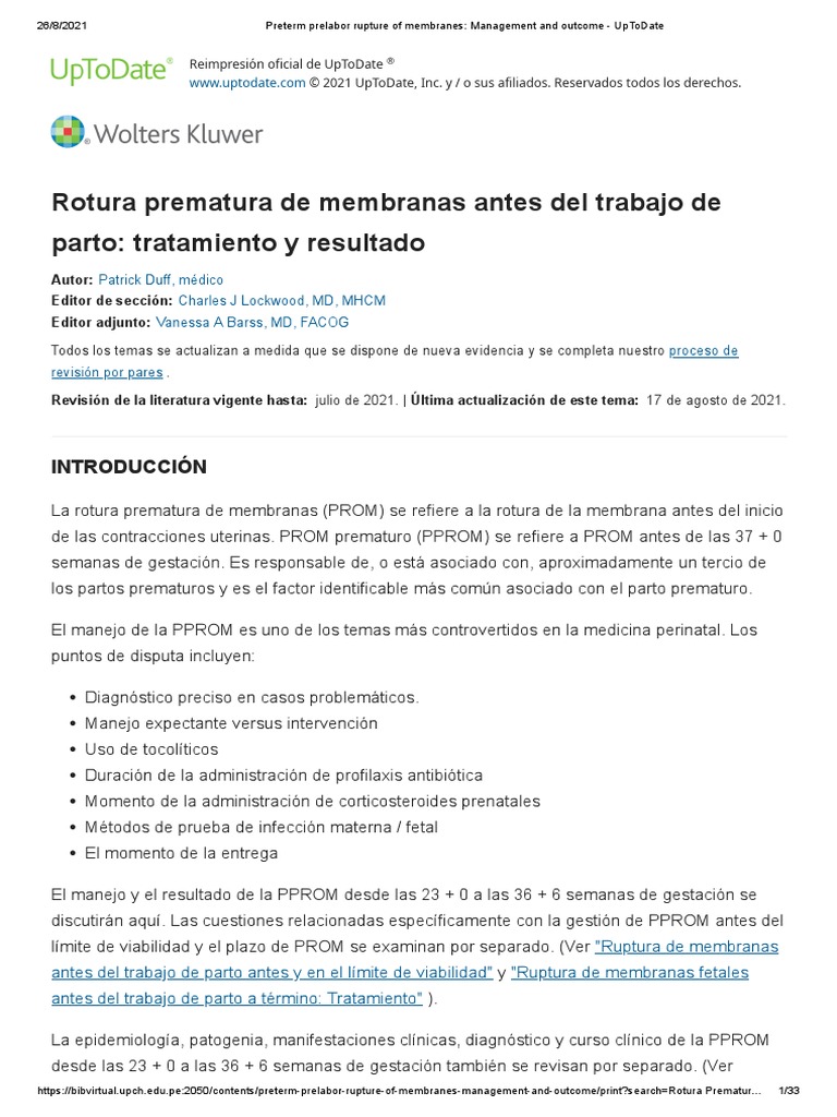 Preterm Prelabor Rupture of Membranes - Management and Outcome ...
