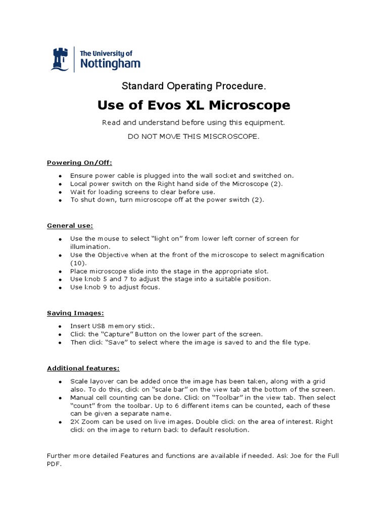 Evos XL Microscope SOP Guide | PDF