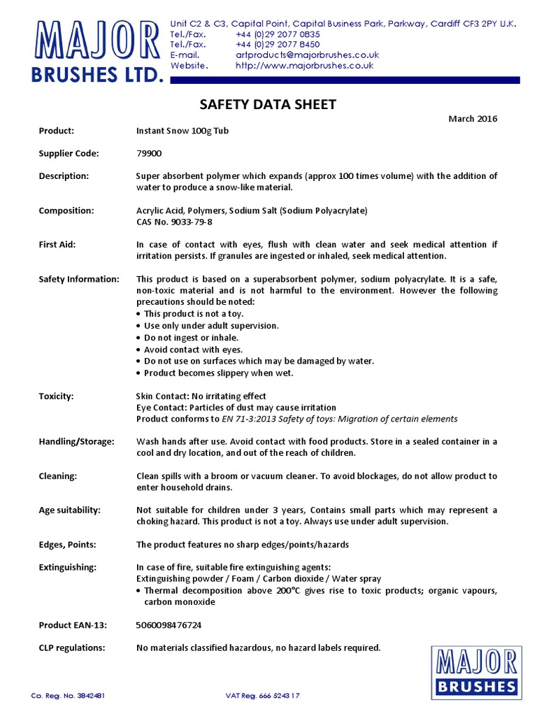Instant Snow Safety Data Sheet | PDF | Water | Toxicity