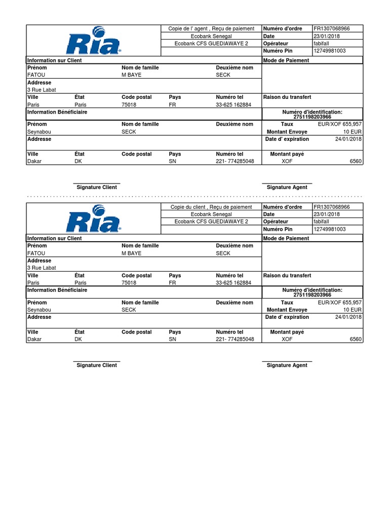 Reçu de transfert d'argent RIA | PDF