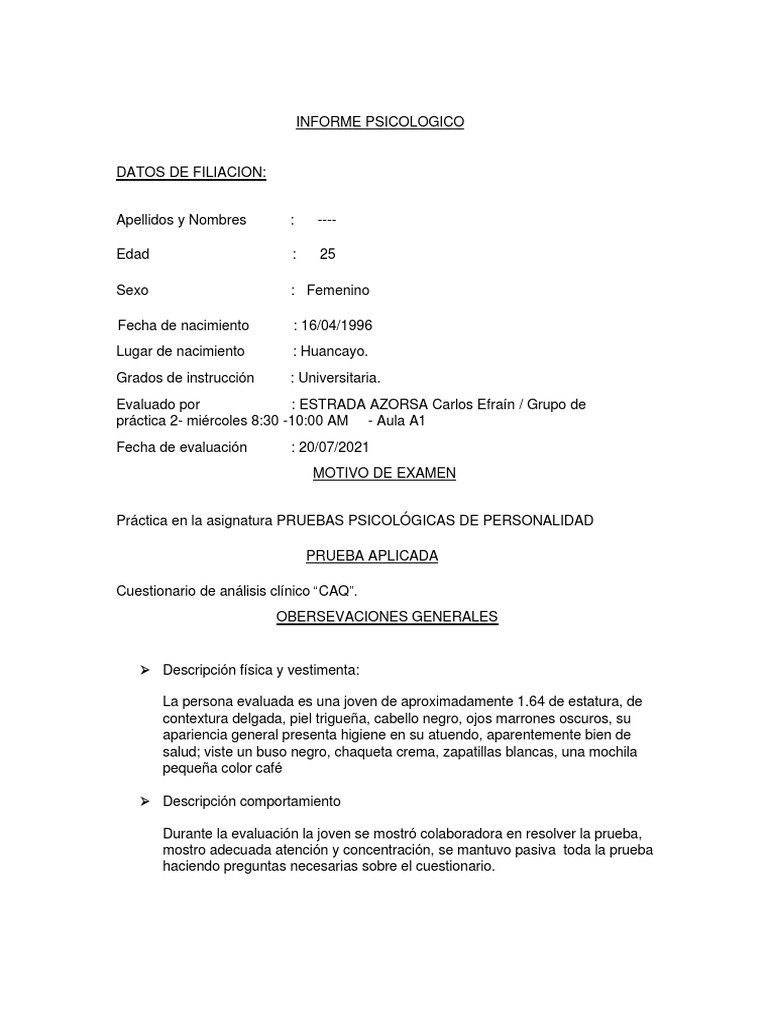 Resultados de La Prueba Caq | PDF | Psicología clínica | Sicología