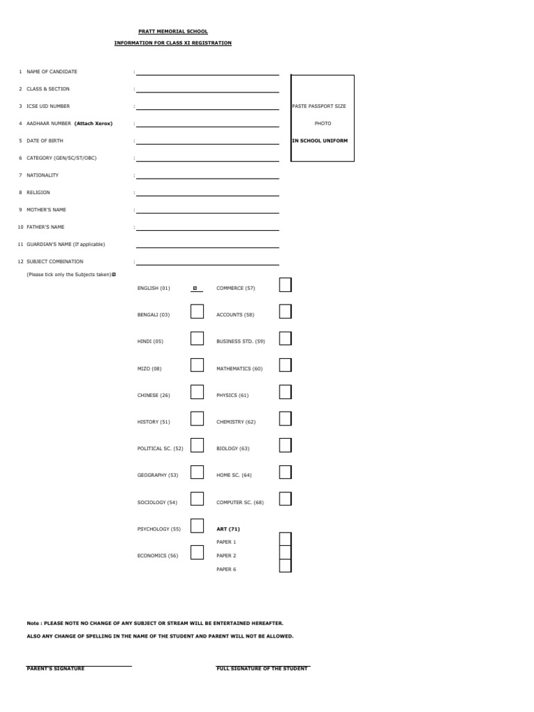 Class 11 Registration Form | PDF