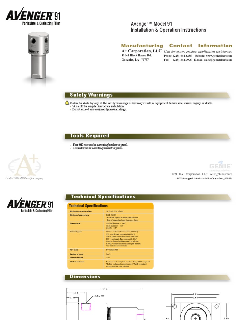 Avenger™ Model 91 Installation & Operation Instructions: Safety ...