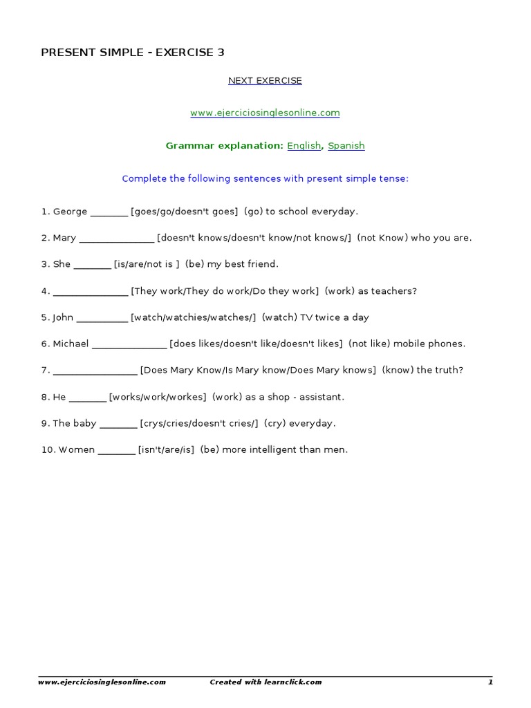Presente Simple - Ejercicio 3 | PDF