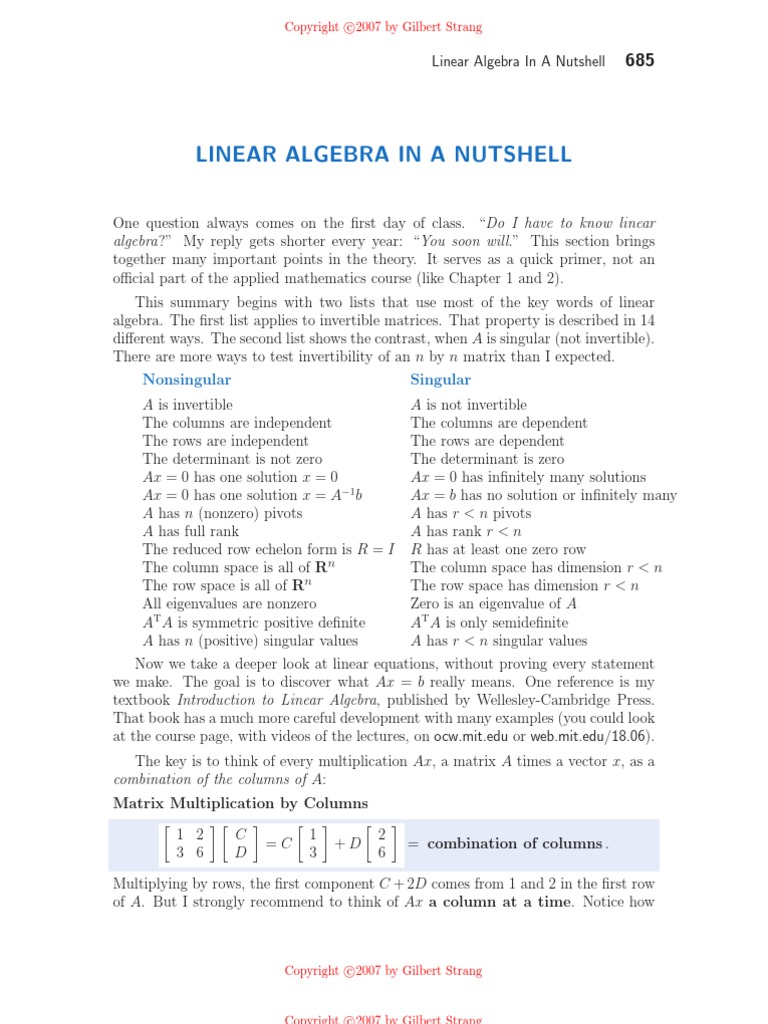 Linear Algebra in A Nutshell | PDF | Matrix (Mathematics) | Basis ...