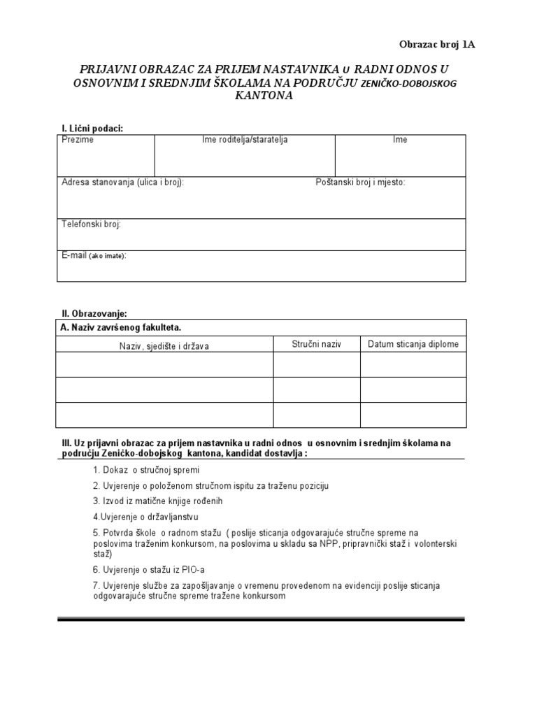 Prijavni Obrazac Zaprijem Nastavnika Strucnih Saradnikai Sekretara | PDF