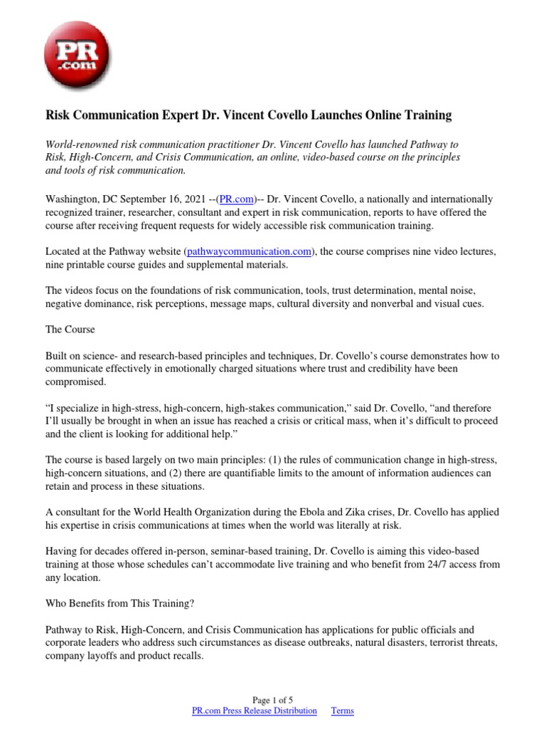 Risk Communication Expert Dr. Vincent Covello Launches Online Training ...