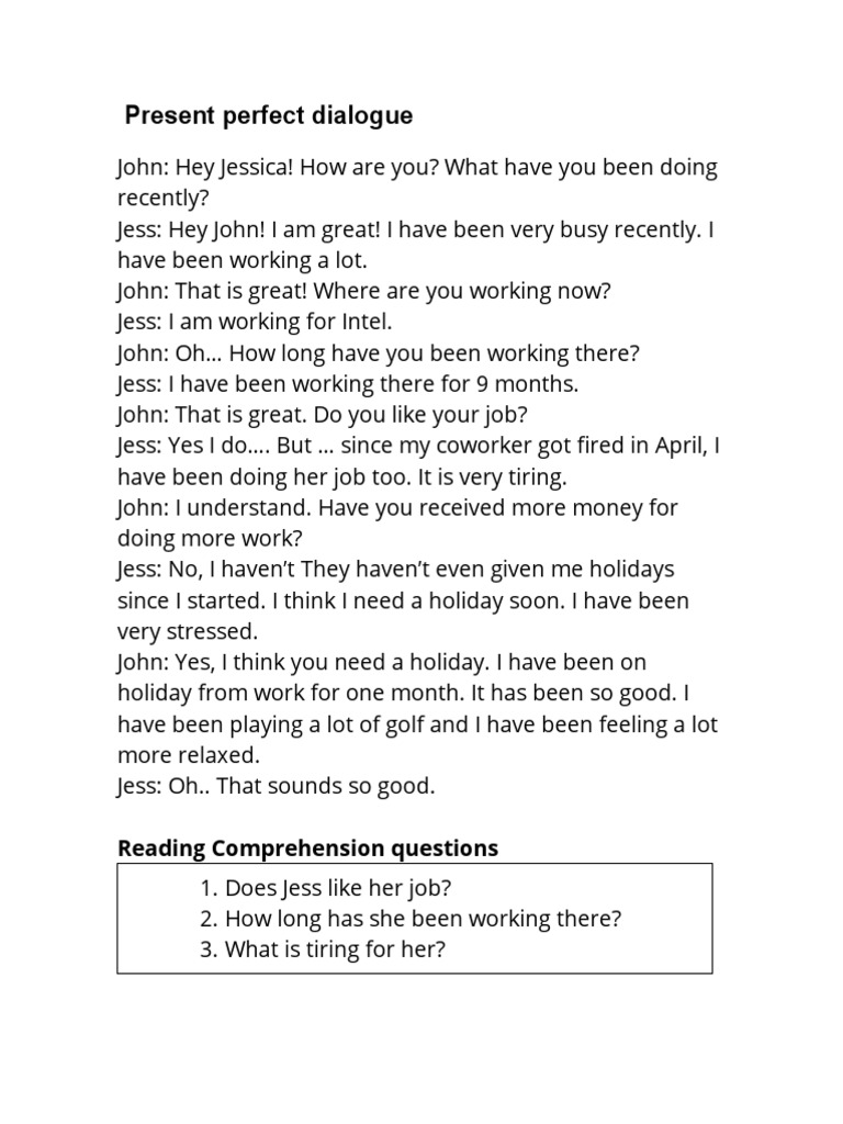 Present Perfect Dialogue: Reading Comprehension Questions | PDF