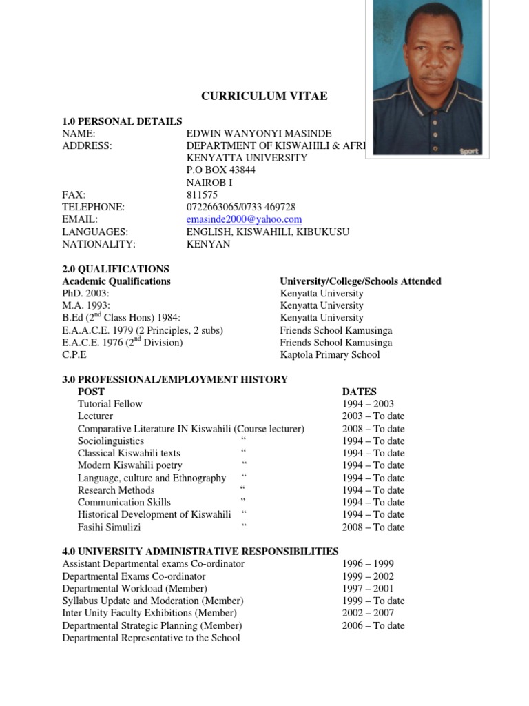 Curriculum Vitae: 1.0 Personal Details | PDF | Swahili Language | Kenya