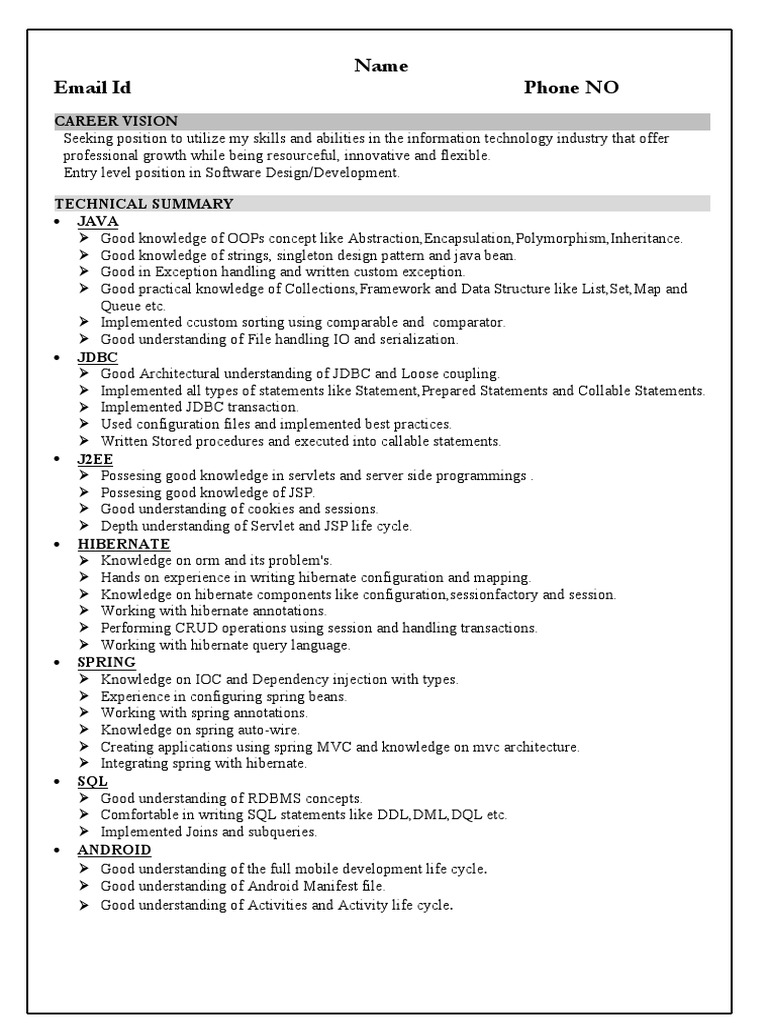 Sample REsume For Freshers | PDF | Computing | Software Engineering
