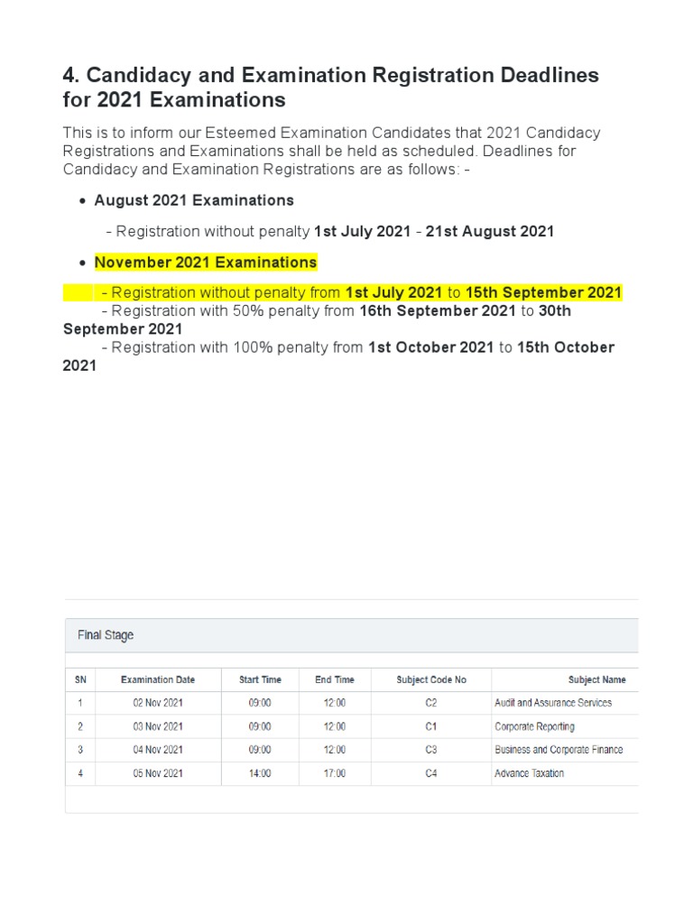 Candidacy and Examination Registration Deadlines For 2021 Examinations ...