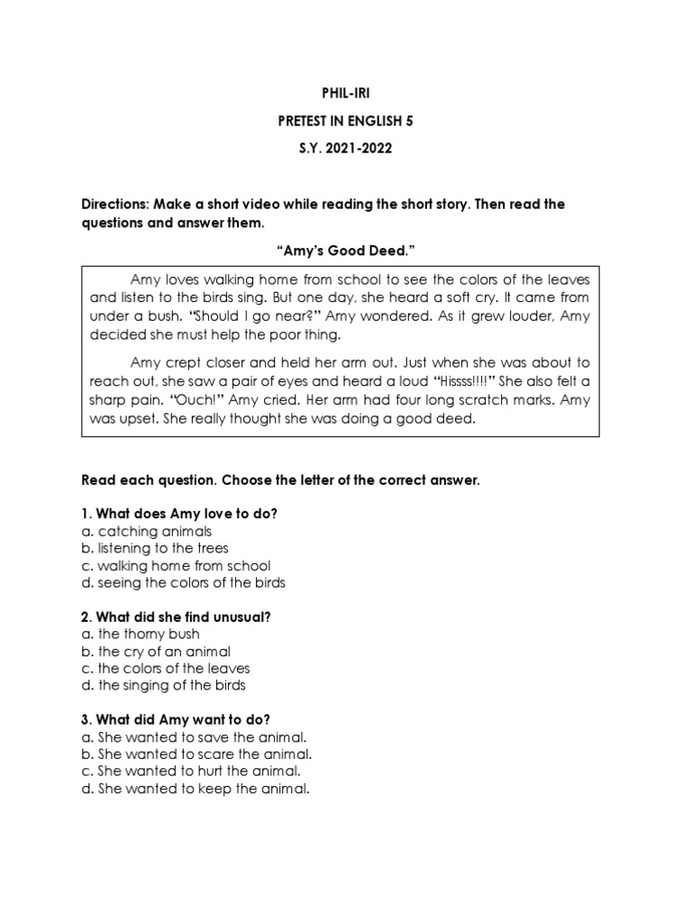 Amy's Good Deed Pretest | PDF