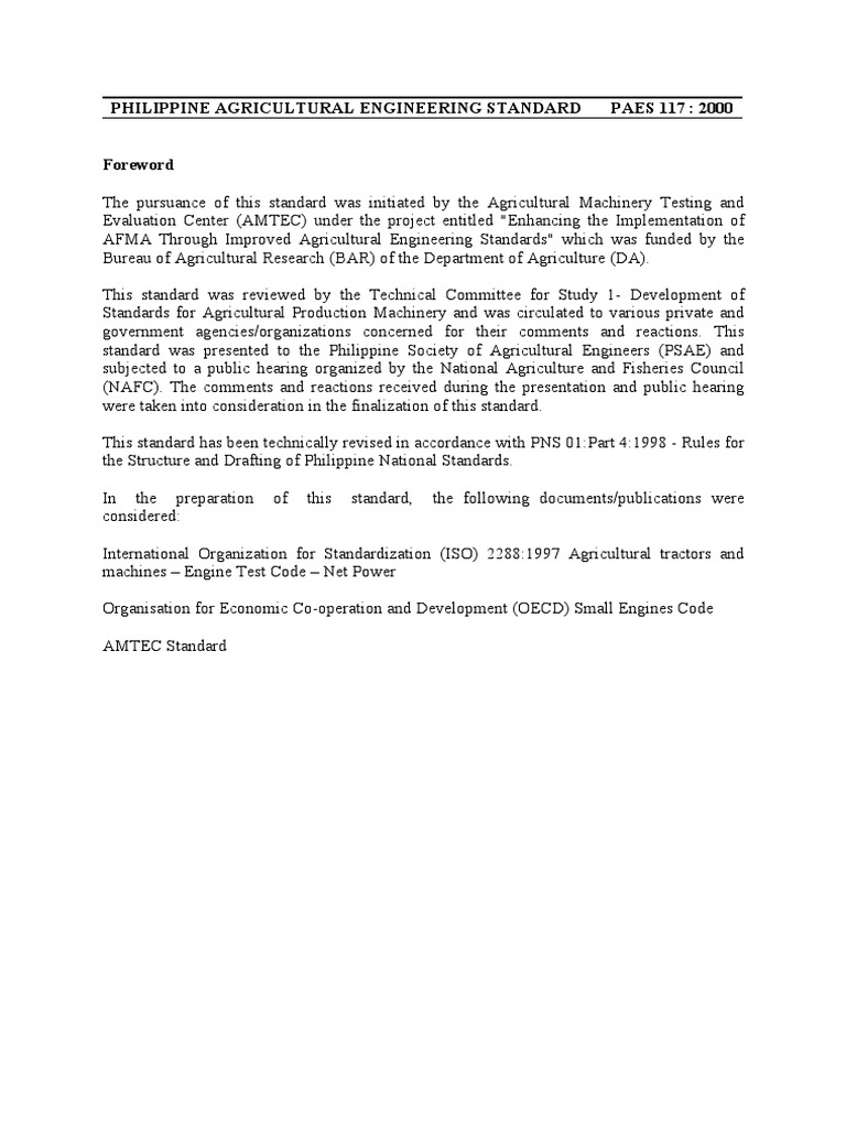 Philippine Agricultural Engineering Standard Paes 117: 2000 | PDF ...