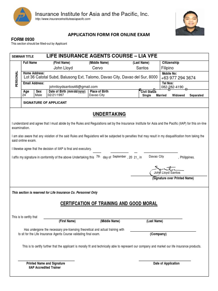 Application Form For Online Exam: Insurance Institute For Asia and The ...