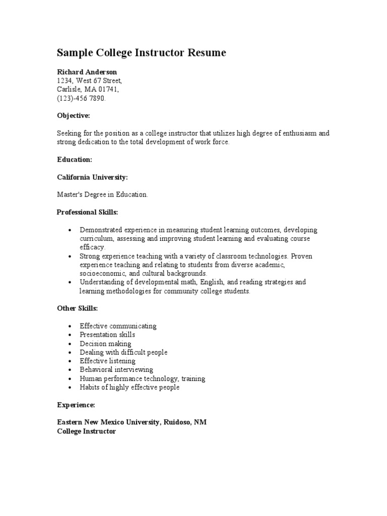 Sample College Instructor Resume College Curriculum