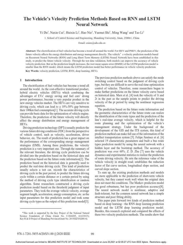 The Vehicle's Velocity Prediction Methods Based On RNN and LSTM Neural Network | PDF ...