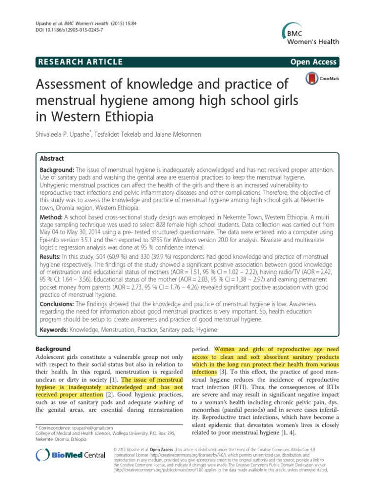 Assessment of Knowledge and Practice of Menstrual Hygiene Among High ...