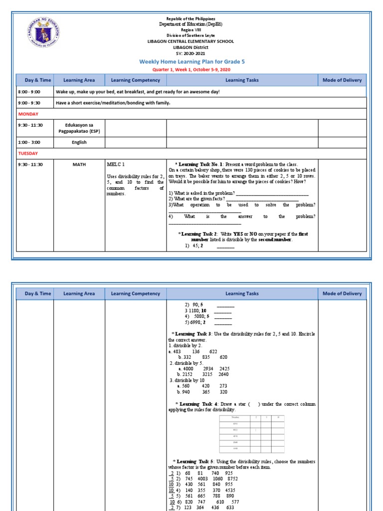 Weekly Home Learning Plan For Grade 5: Learning Area Learning ...