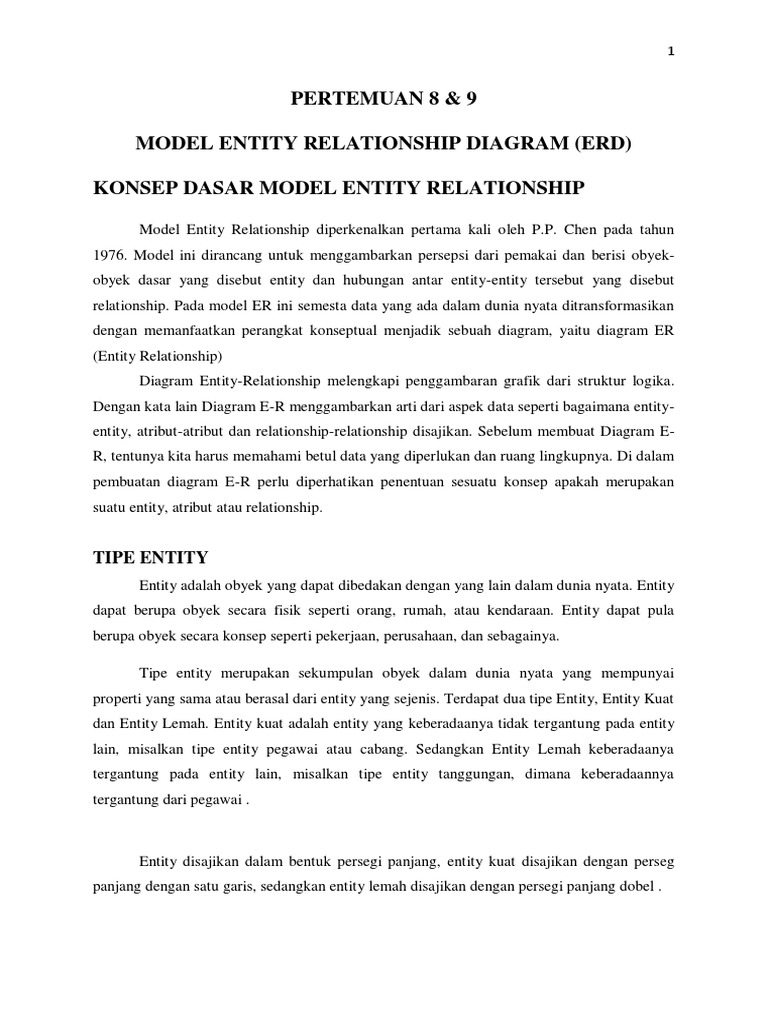 Pertemuan 8 & 9 Model Entity Relationship Diagram (Erd) Konsep Dasar Model Entity Relationship | PDF