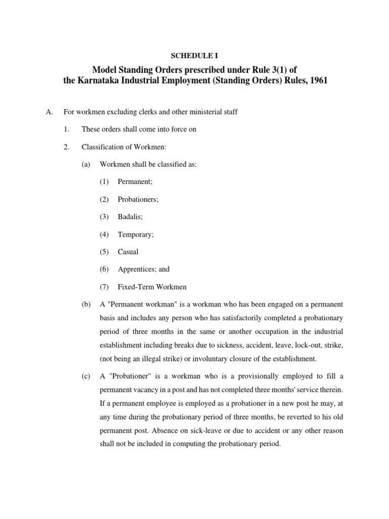 26.2a Schedule-I (Karnataka Model Standing Order) | PDF | Employment ...