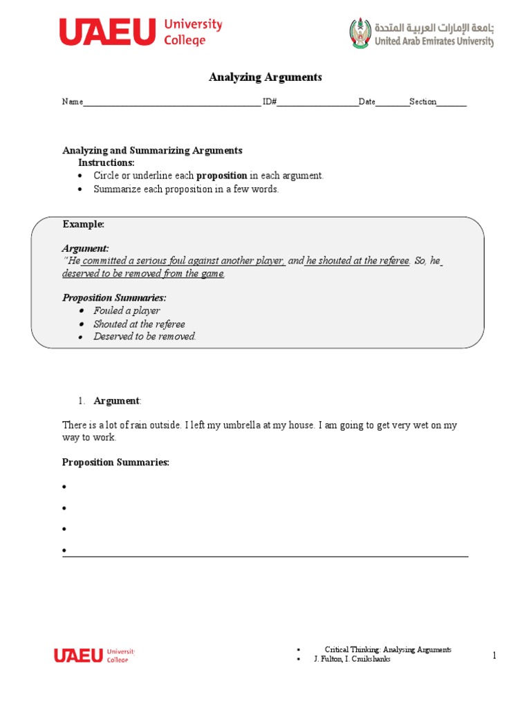 Analyzing And Summarizing Arguments Instructions Pdf Argument Logic