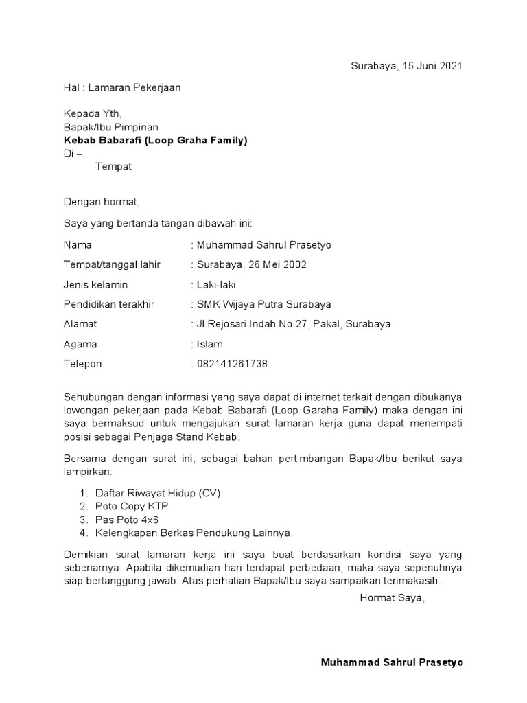 Surat Lamaran Pekerjaan Sahrul | PDF
