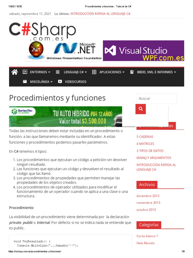 Procedimientos y Funciones - Tutorial de C# | PDF | C Sharp (lenguaje ...
