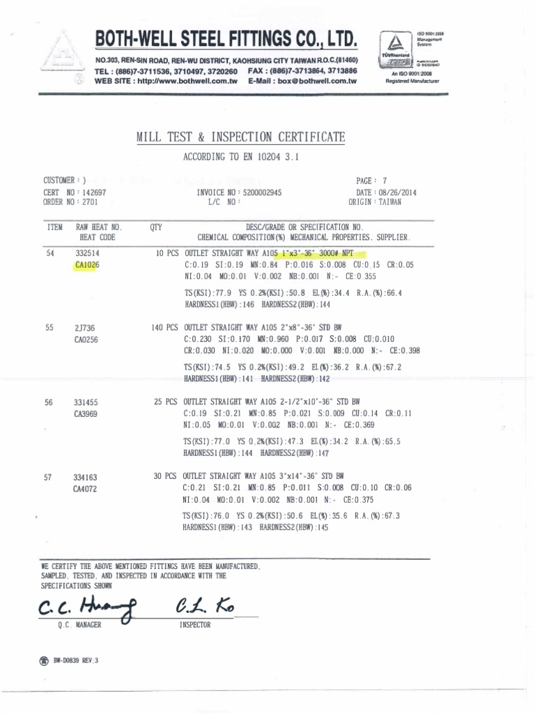 Both-Well Steel Fittings Co., LTD.: Mill Test & Inspection Certificate ...