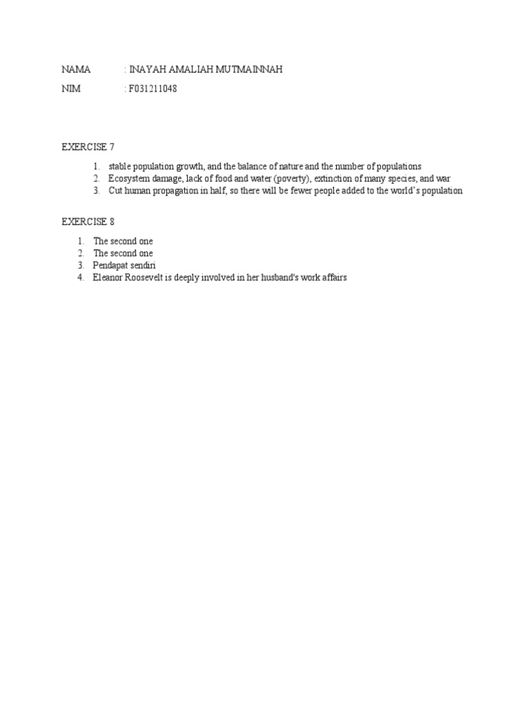 Inayah Amaliah Mutmainnah Exercise 7 and 8 | PDF