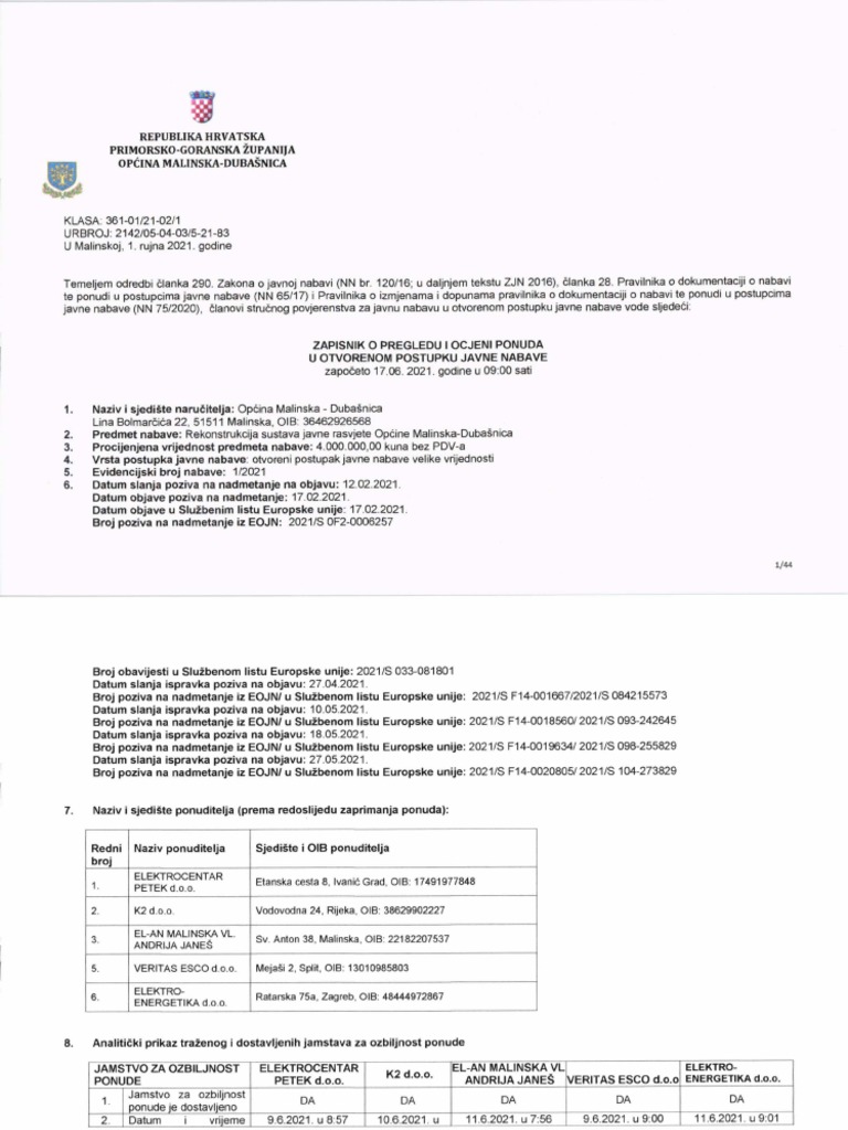 Zapisnik o Pregledu I Ocjeni Ponuda | PDF