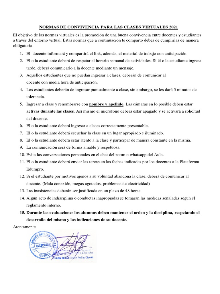 Normas para Clases Virtuales 2021 | PDF