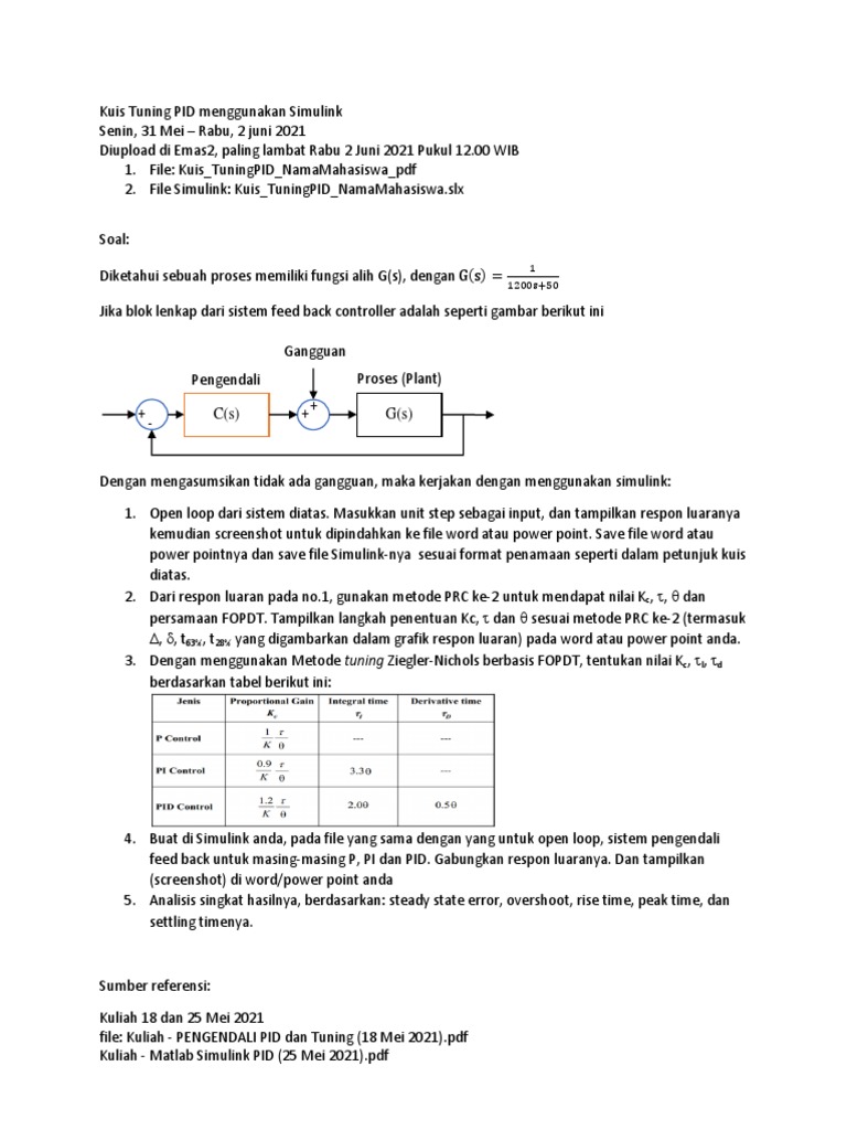 Kuis Tuning PID Menggunakan Simulink (01.06.2021) | PDF | Metode & Bahan Ajar | Komputer