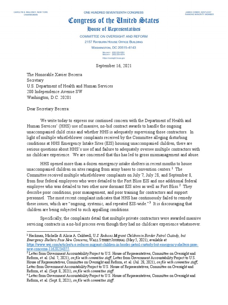 9.16 Oversight Letter To HHS Re Whistleblower Complaints | Download ...