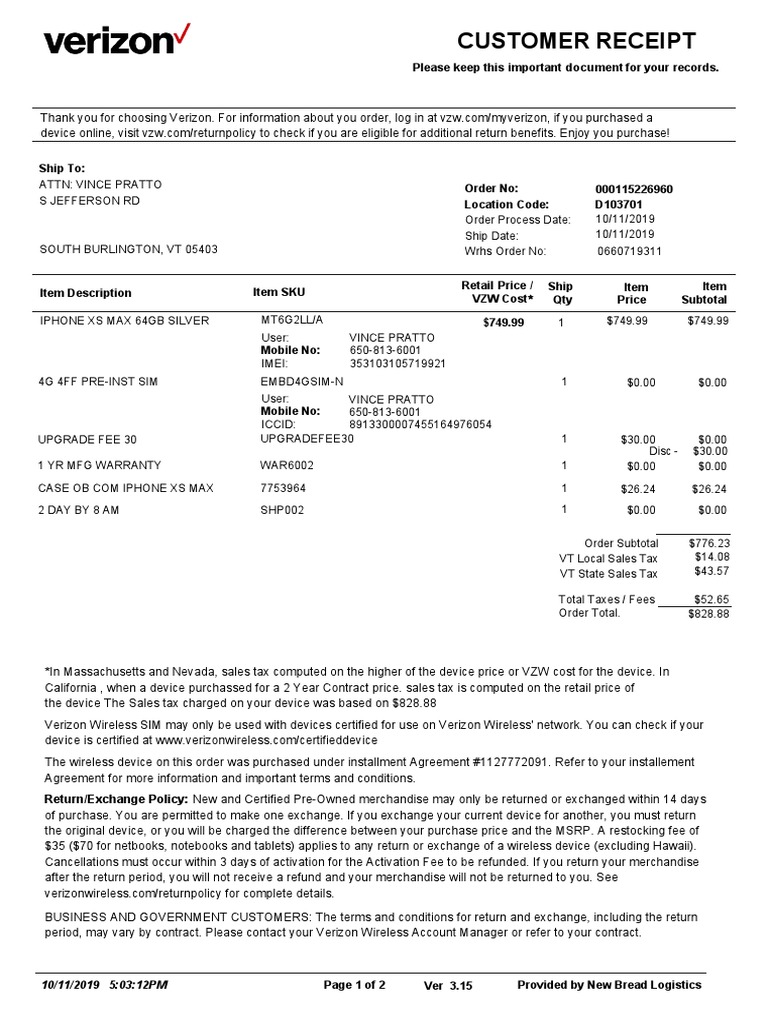 Customer Receipt for iPhone XS Max Purchase from Verizon Wireless by ...