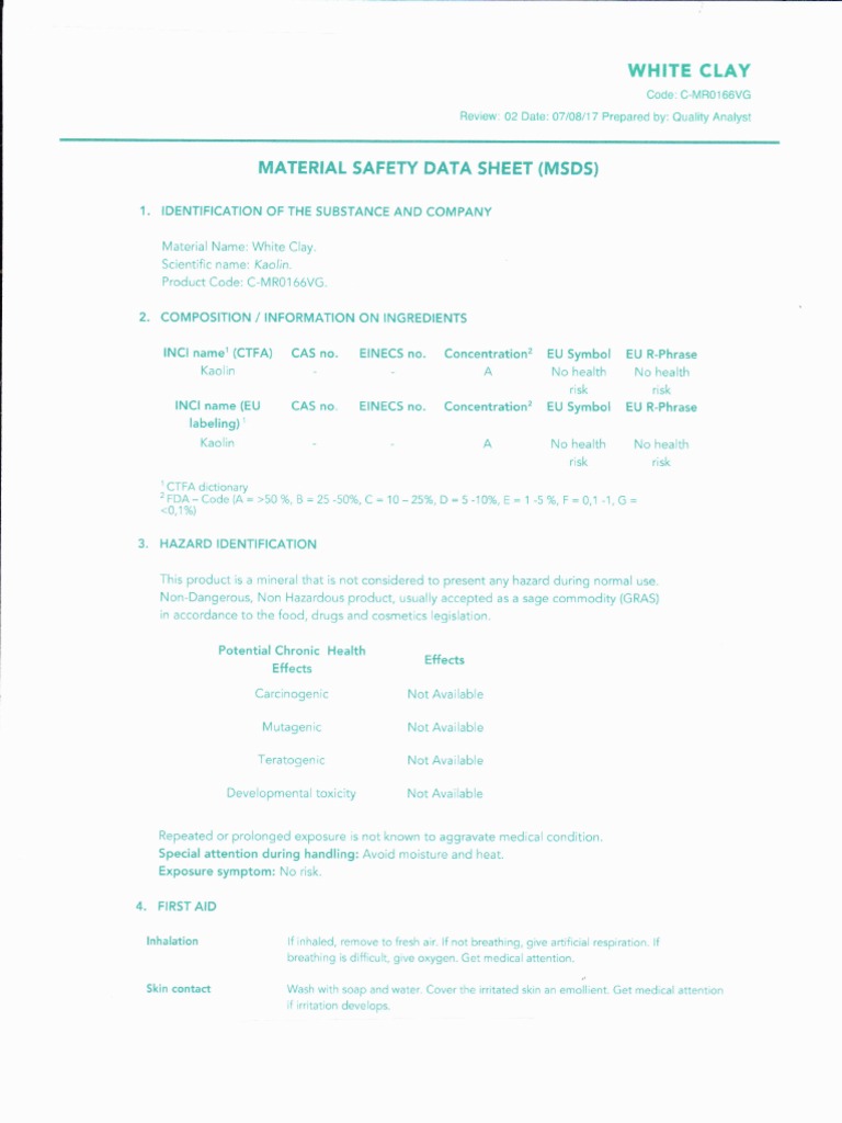 Matertal Safety Sheet (MSDS) : White Clay | PDF | Materials | Chemistry