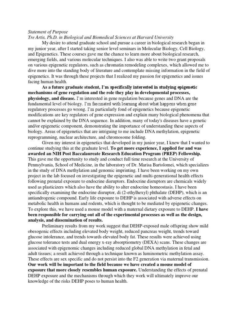 Statement of Purpose Tre Artis, Ph.D. in Biological and Biomedical ...