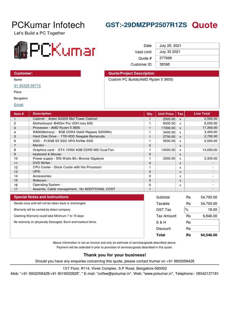 Custom PC Build Quote for Customer with AMD Ryzen 5 3600 Processor ...