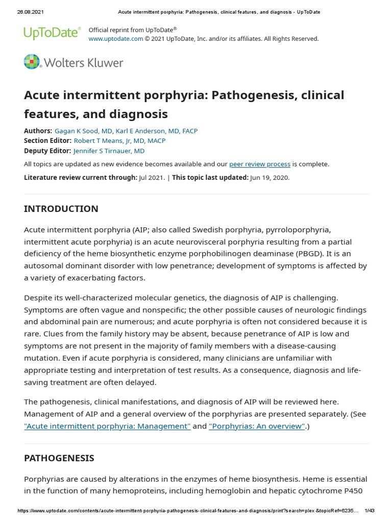 Acute Intermittent Porphyria - Pathogenesis, Clinical Features, and ...