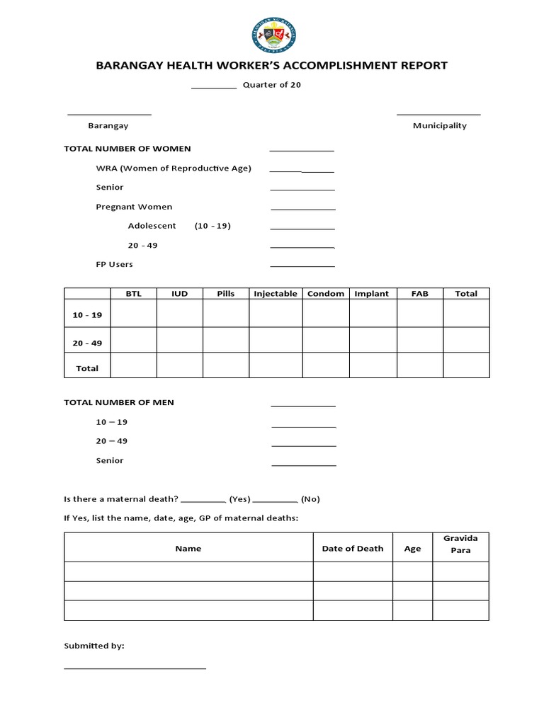 Barangay Health Worker'S Accomplishment Report: Total Number of Women | PDF