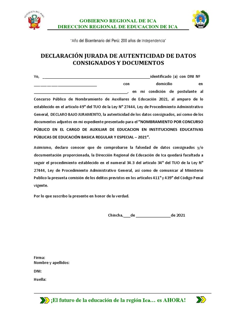 Declaracion Jurada de Autenticidad de Datos Consignados y Documentos 1 | PDF