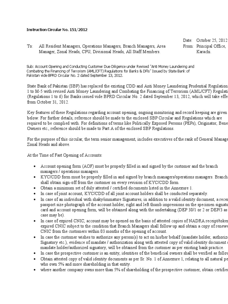 Instruction Circular No. 151/2012 | PDF | Money Laundering | Banks