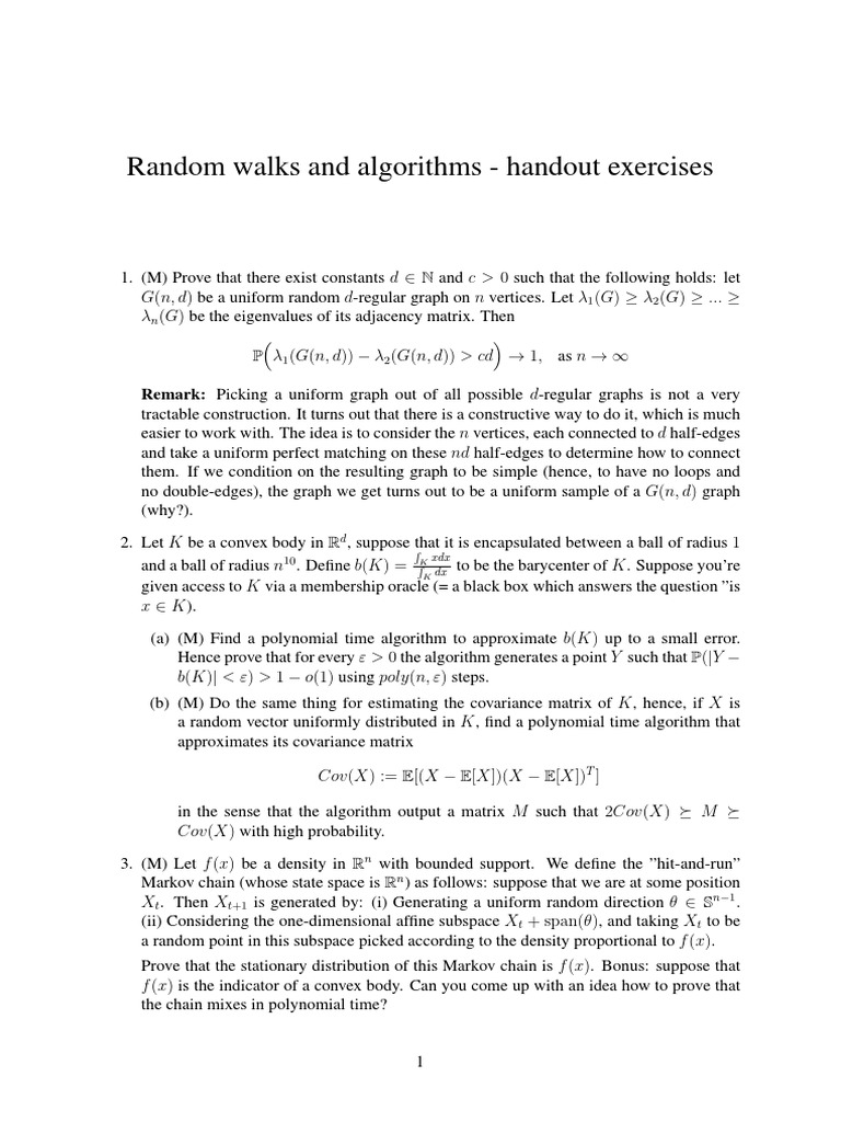 Random Walks and Algorithms - Handout Exercises | PDF | Markov Chain | Linear Subspace