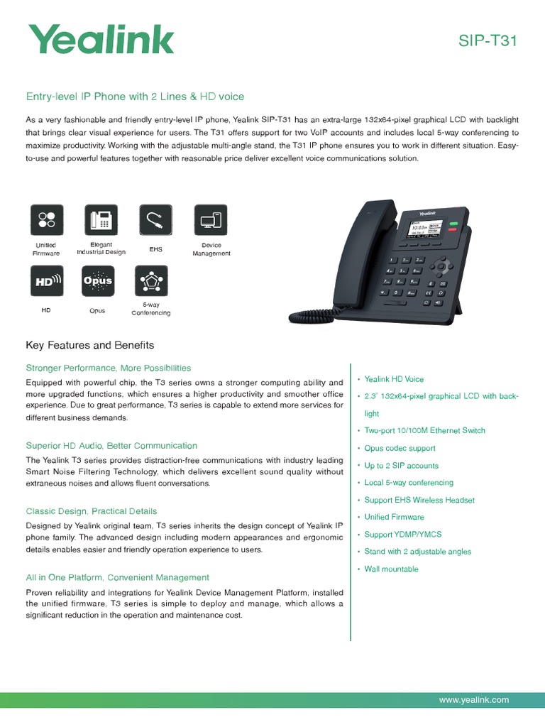Yealink SIP T31 Datasheet | PDF | Session Initiation Protocol | Voice Over Ip