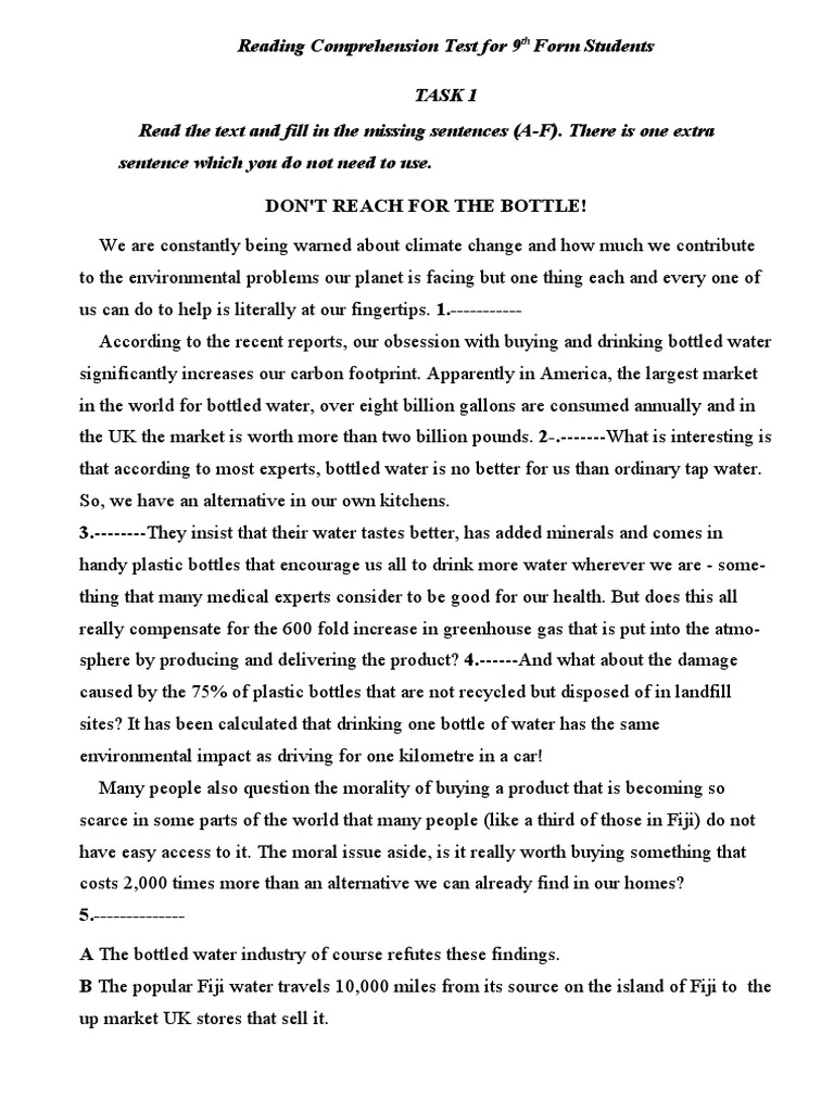 Grade 9 Reading Comprehension Test | PDF | Robin Hood | Bottled Water