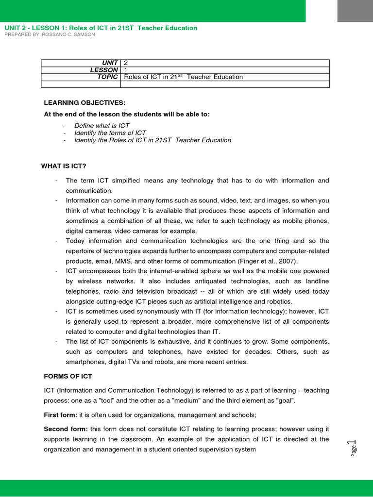 Unit 2 Lesson 1 TOPIC Roles of ICT in 21 | Download Free PDF ...