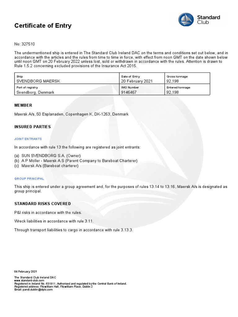 Certificate of Entry for SVENDBORG MAERSK | PDF | Deductible | Insurance