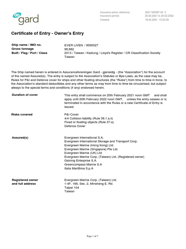 Livn-2021 P&i (Gard) 20210220-20220220 | PDF | Deductible | Insurance