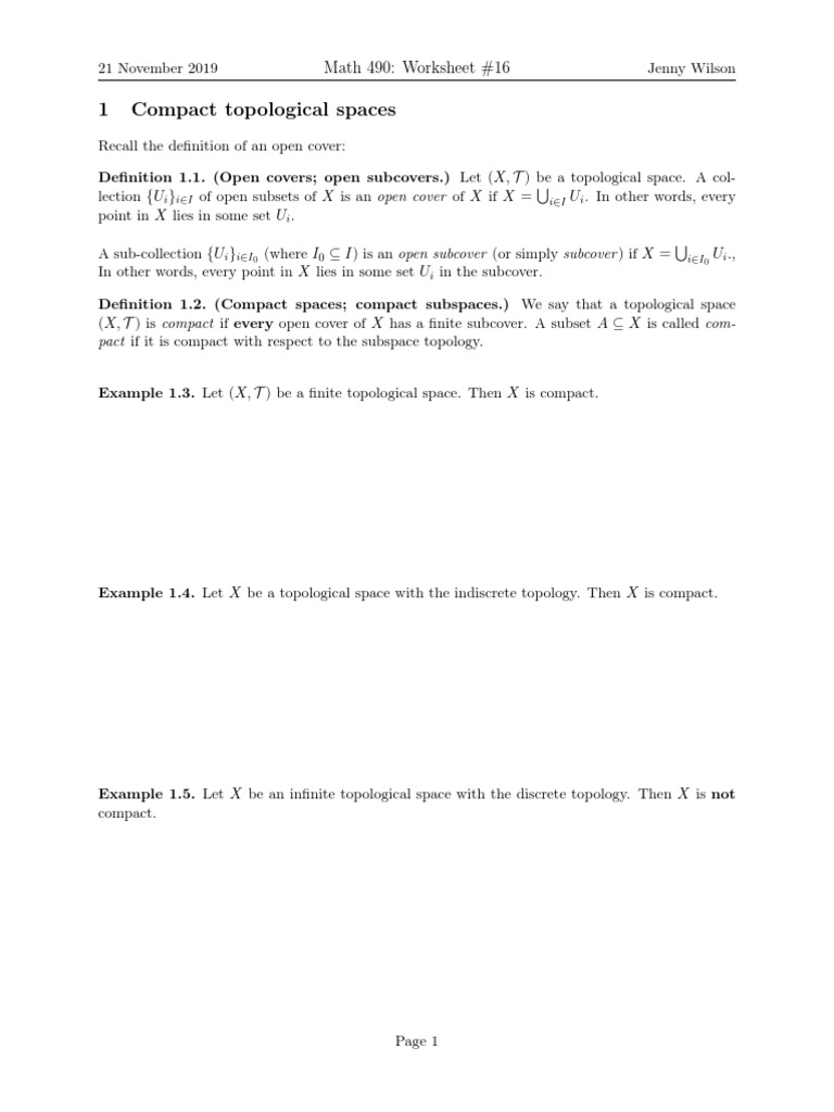 1 Compact Topological Spaces: Math 490: Worksheet #16 | PDF | Compact ...