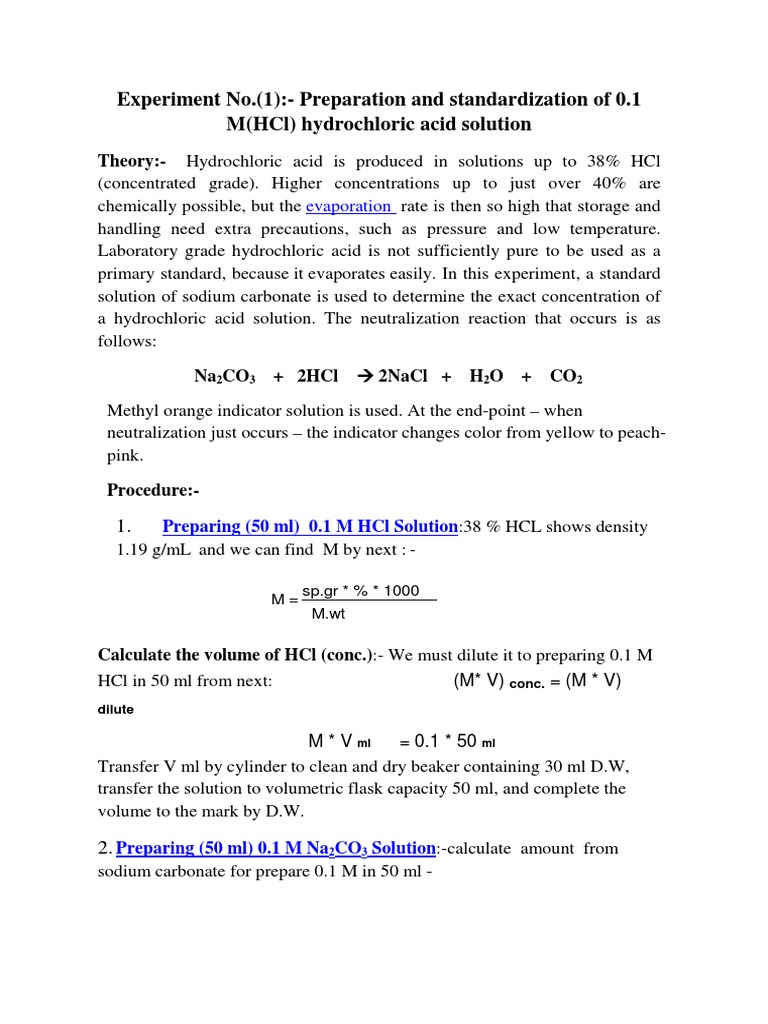 Experiment No 1 Preparation And Standardization Of 01 M Hcl Hydrochloric Acid Solution